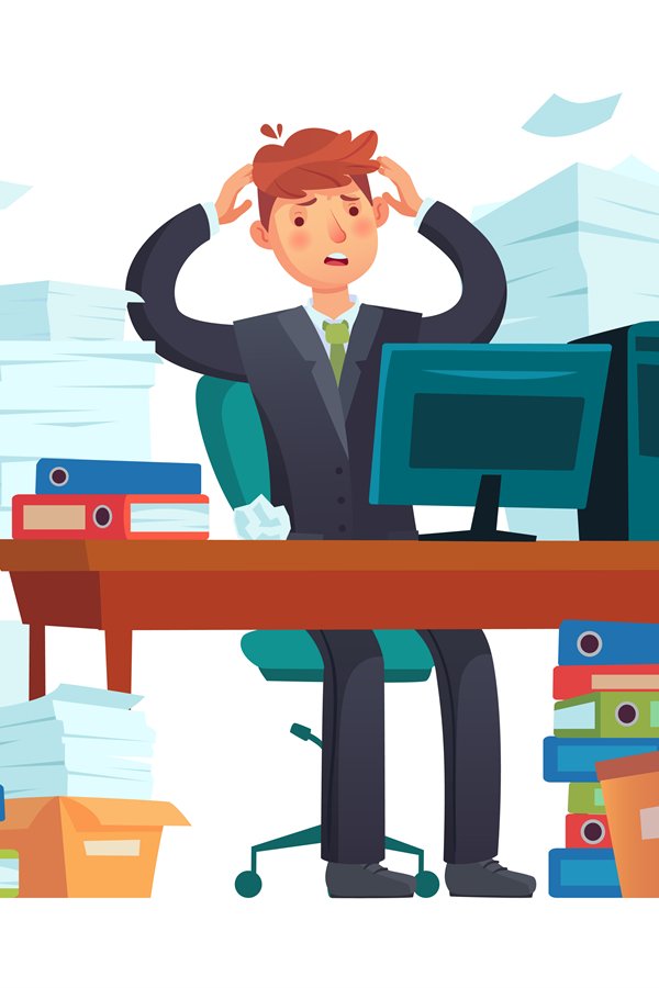Manager overworked. Office overwork, unorganized paperwork a