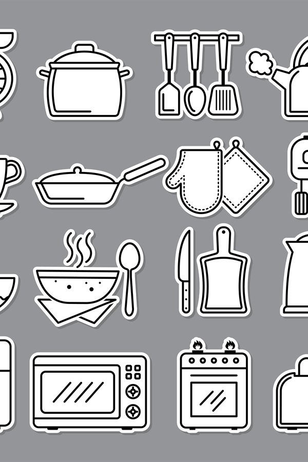 Kitchen icon. Preparing food symbols knife cooking stove rec