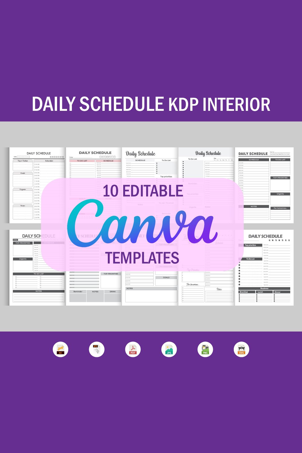 10 Editable Canva Templates Daily Schedule planner for KDP