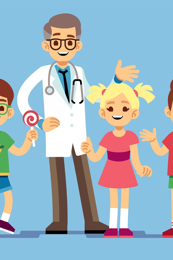 Cute male pediatrician doctor and happy healthy kids. Childr