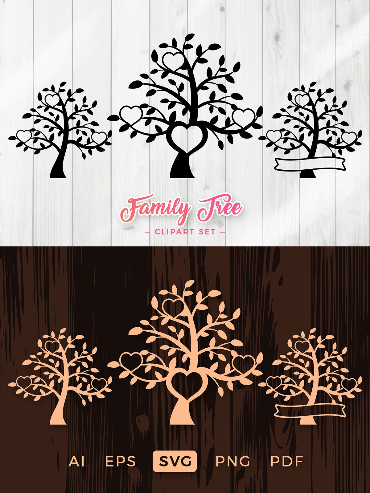 Family Tree SVG - 3 Hearts Clipart Set (1128237) | Cut Files | Design ...