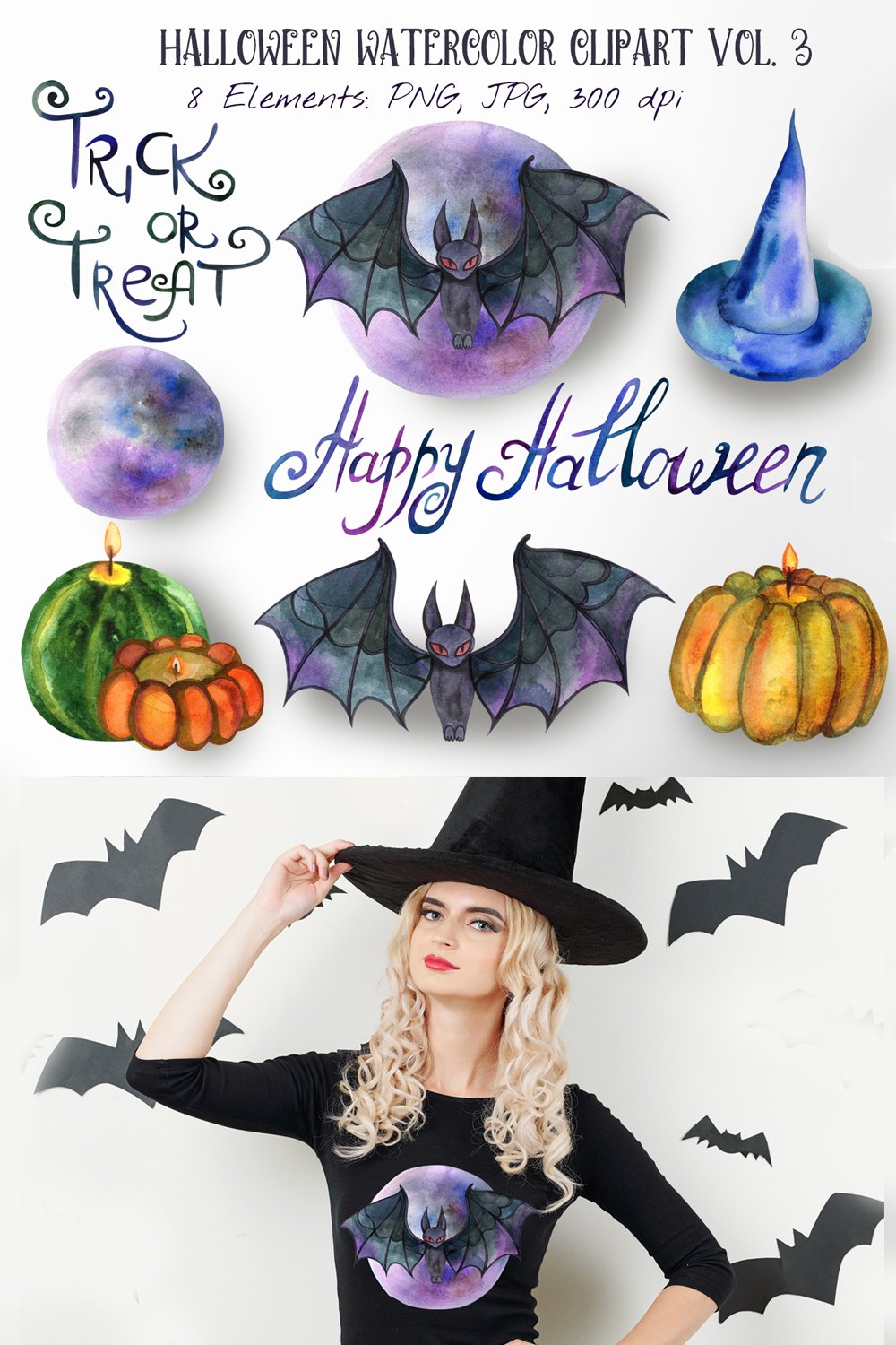 Halloween watercolor clipart. Bat, pumpkin. PNG. JPG