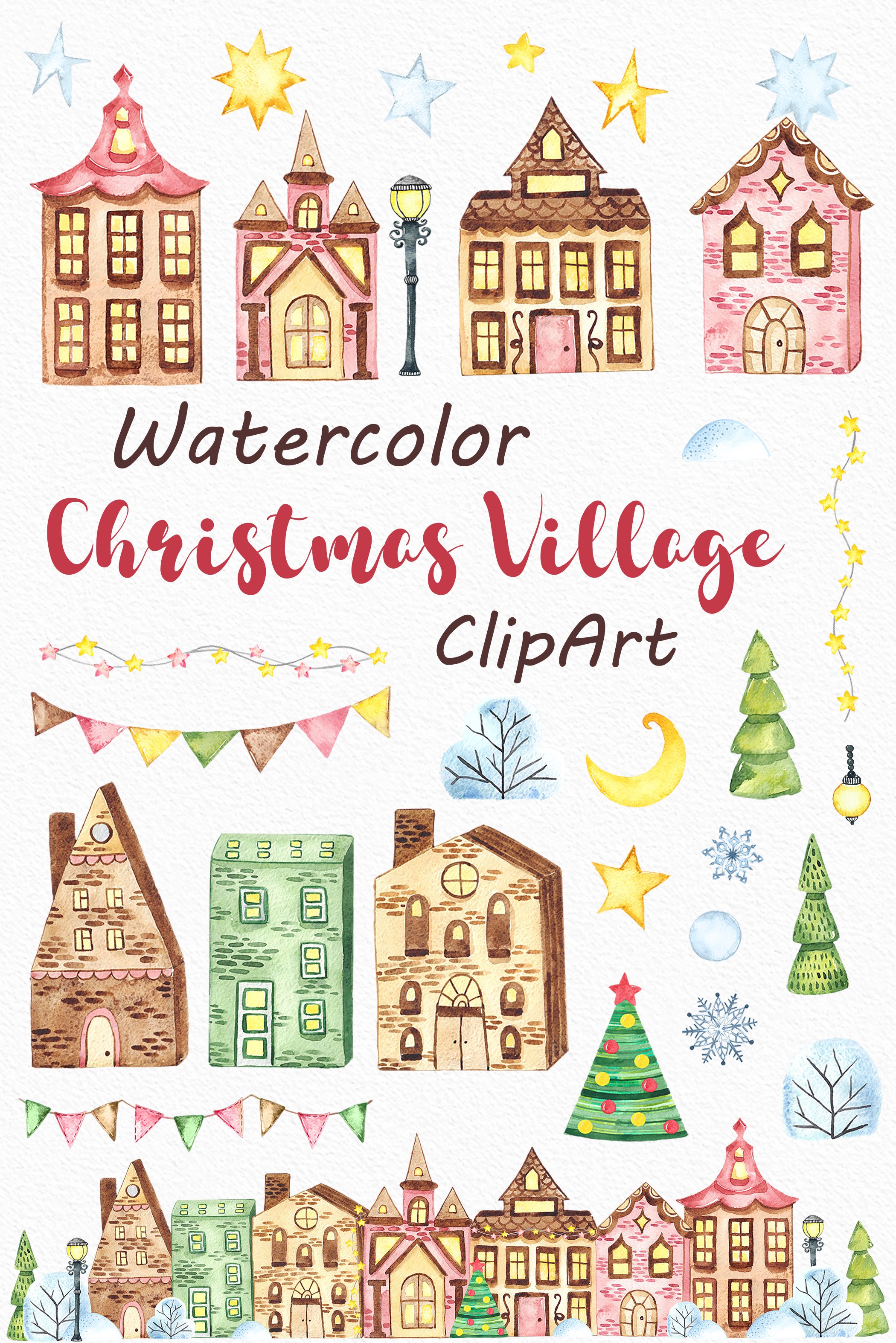 Watercolor Christmas Village Clipart (2321711)