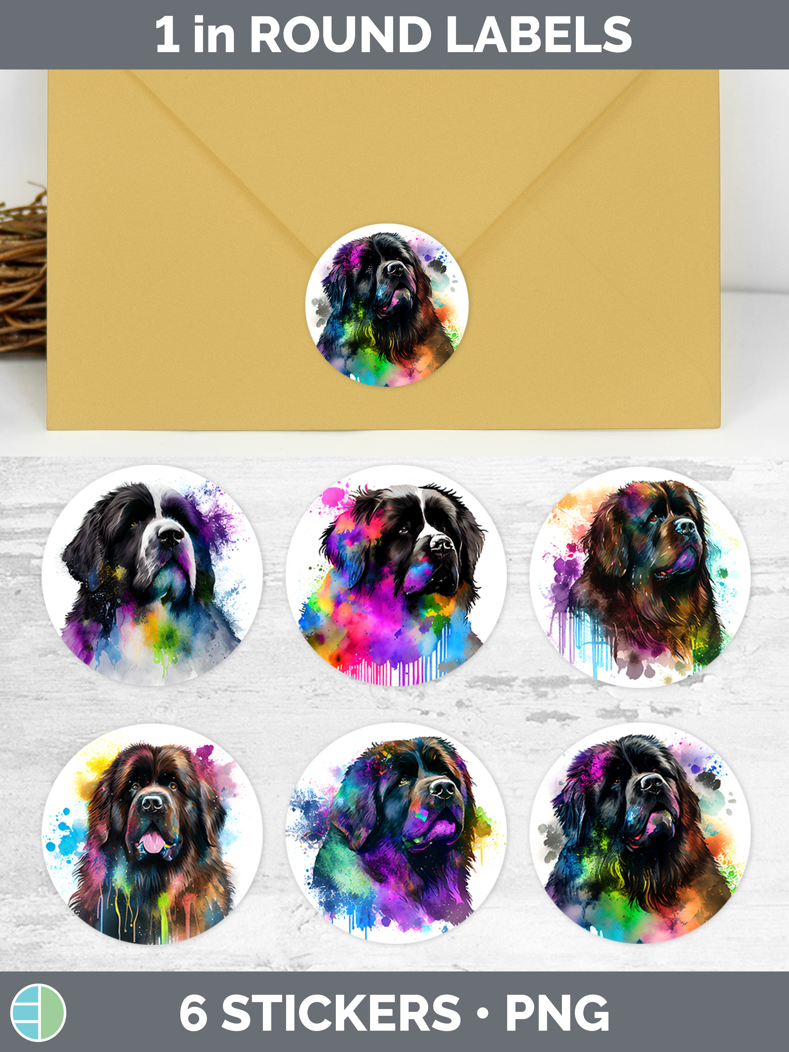 Rainbow Newfoundland Dog Stickers | Round Labels Designs Bun