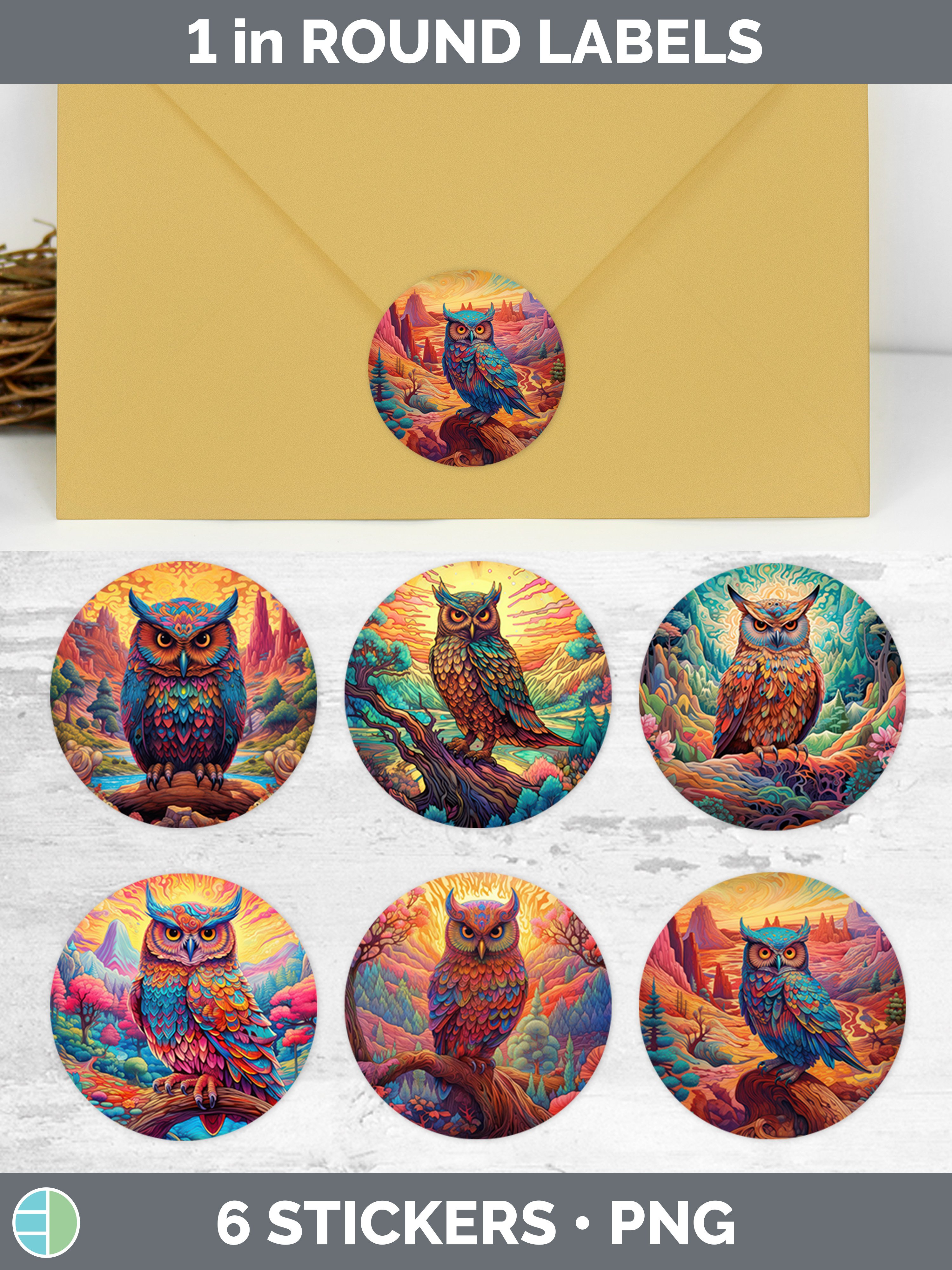 Psychedelic Owl Bird Stickers | Round Labels Designs Bundle