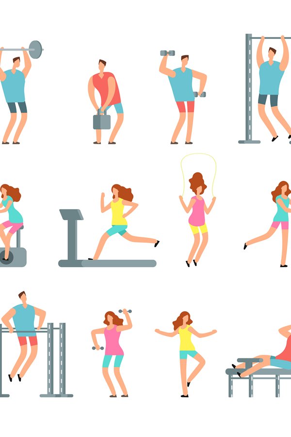 Woman and man doing various sports exercises with gym equipm