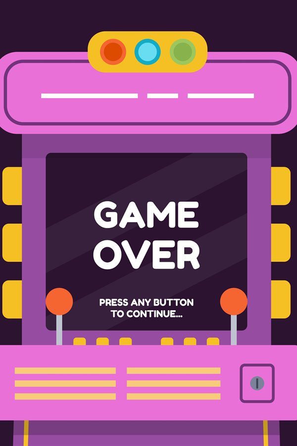 Cartoon retro arcade machine with game over screen. Old game
