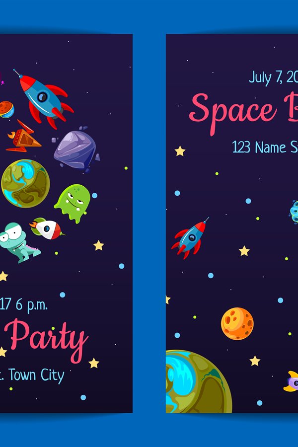 Vector space birthday party invitation templates with space