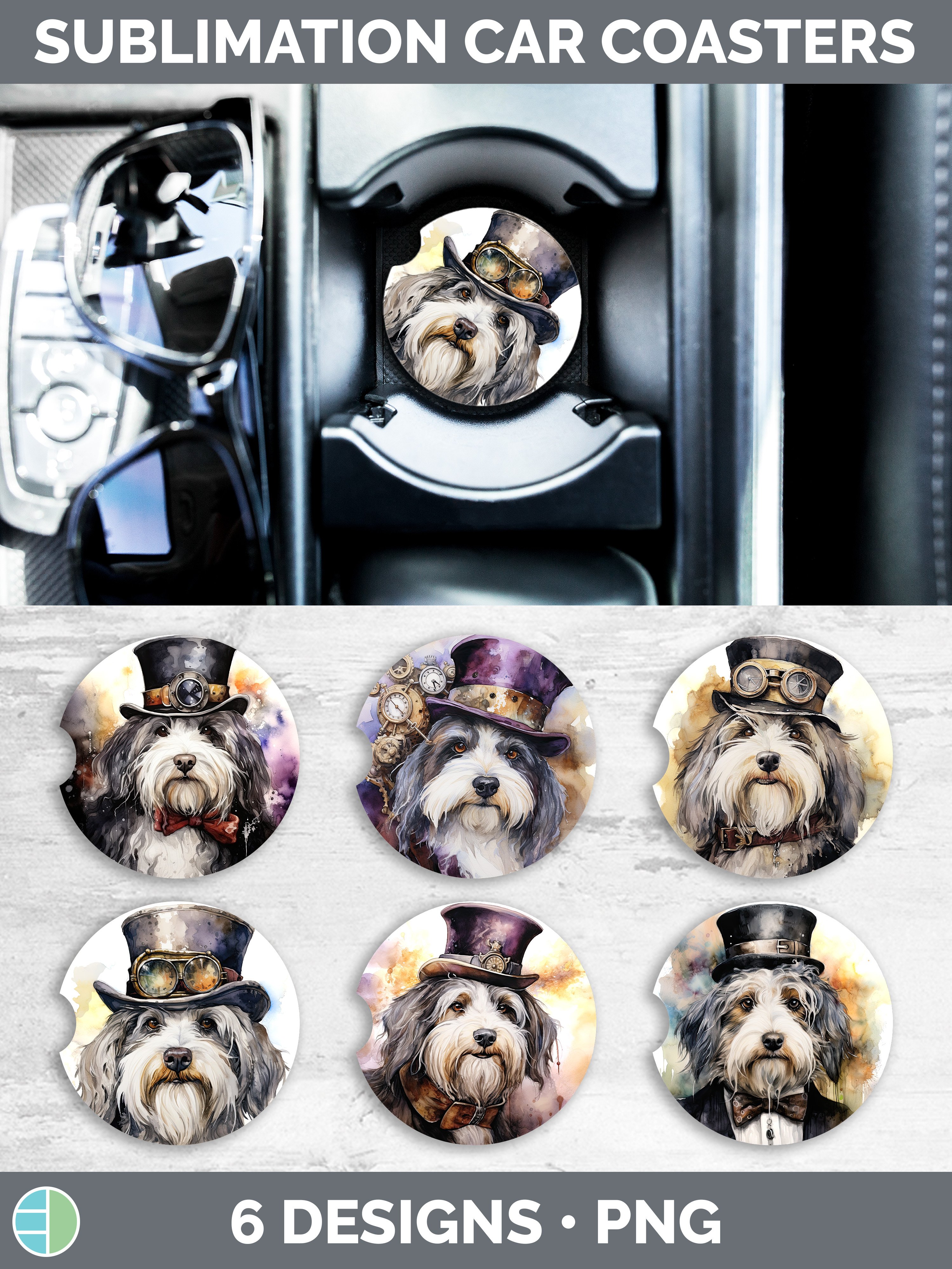 Steampunk Sheepdog Dog Car Coaster | Sublimation Coaster Des