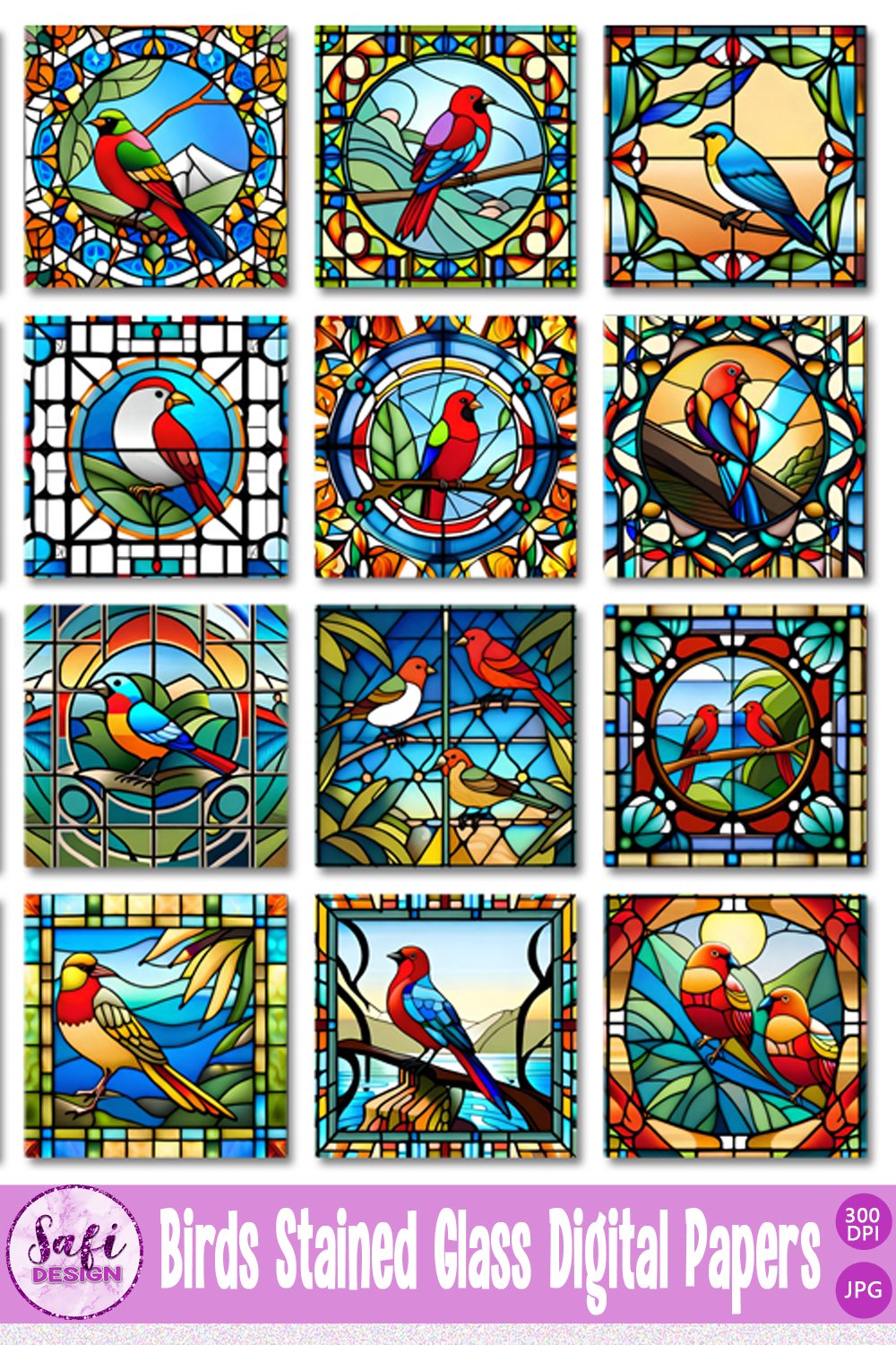 Birds Stained Glass Seamless Digital Papers Backgrounds