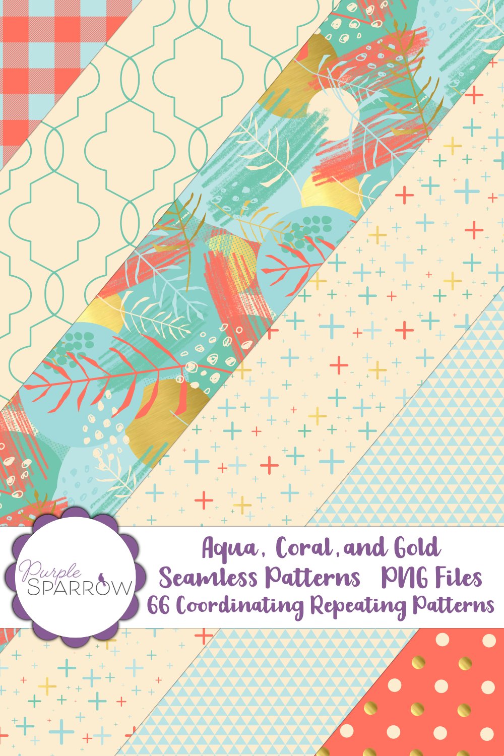 Aqua Coral and Gold Seamless Repeating Patterns