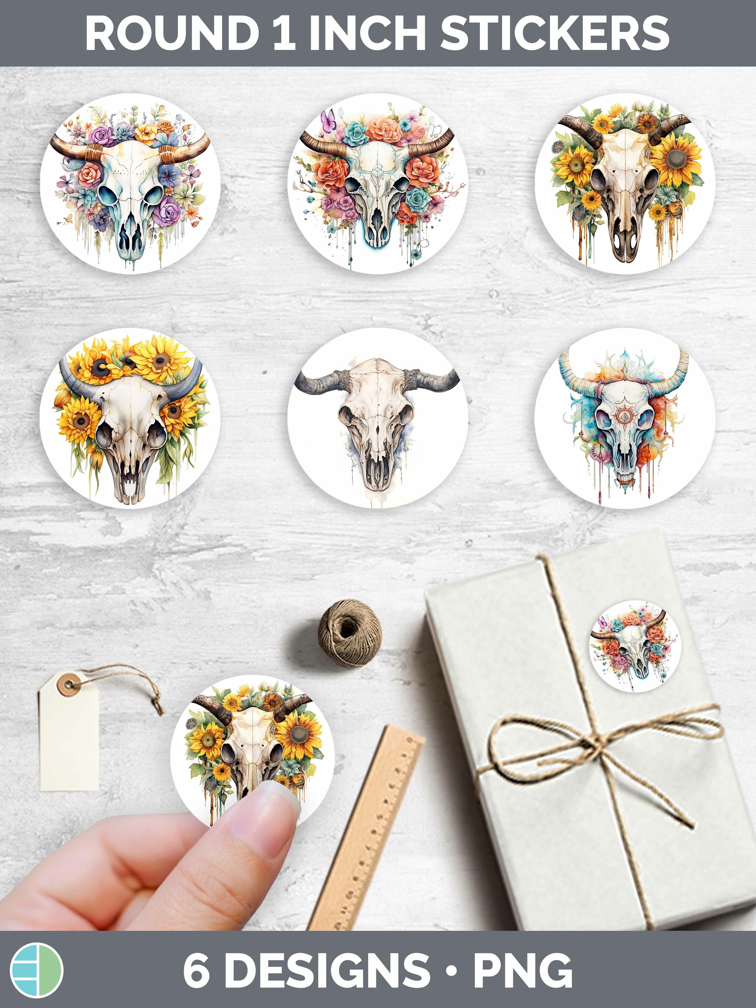 Watercolor Cow Skull Stickers | Round Labels Bundle