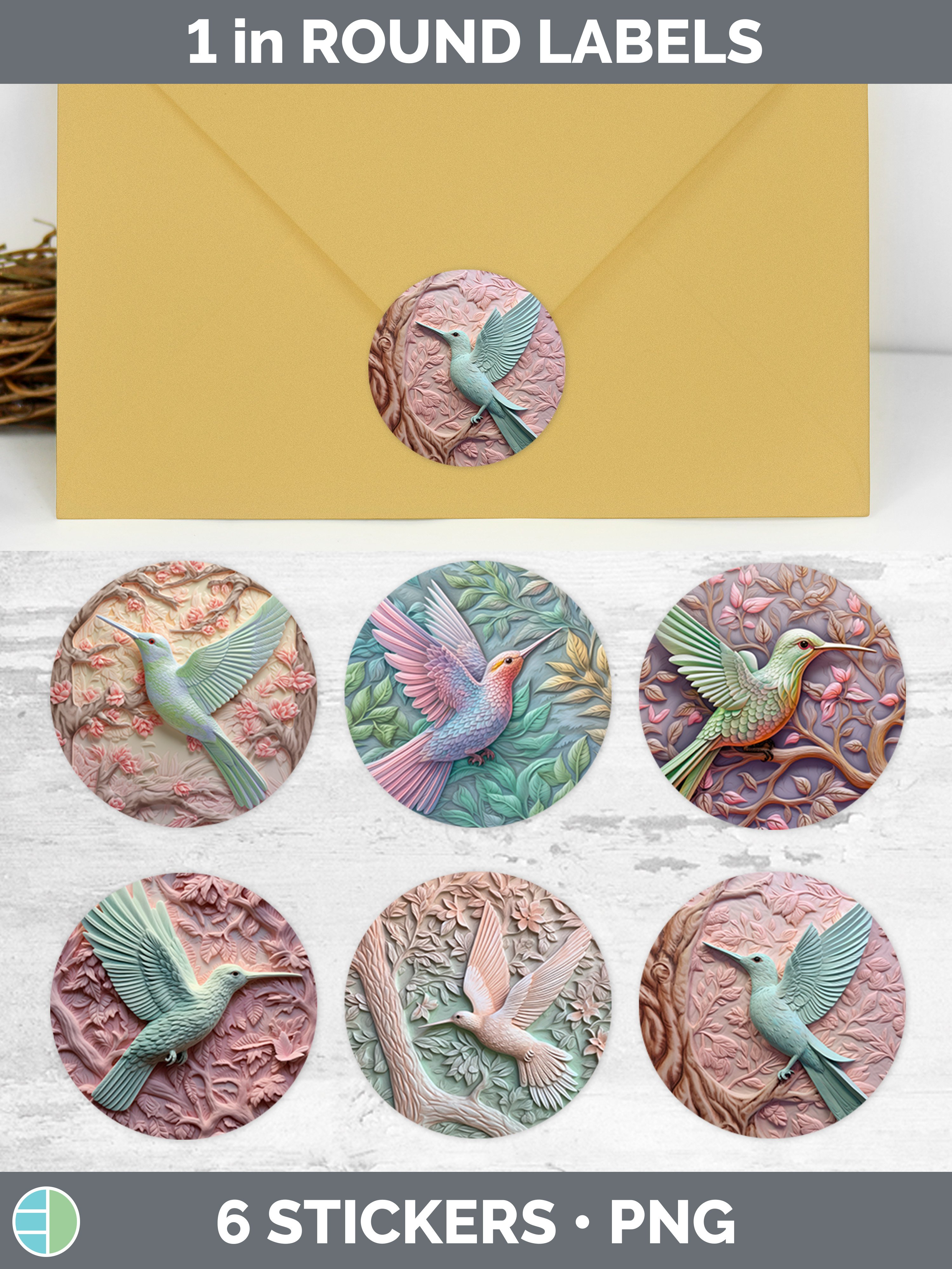 3D Hummingbird Bird Stickers | Round Labels Designs Bundle