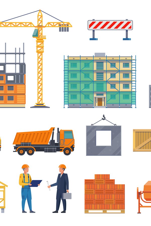 Construction process. Building site elements, machinery and