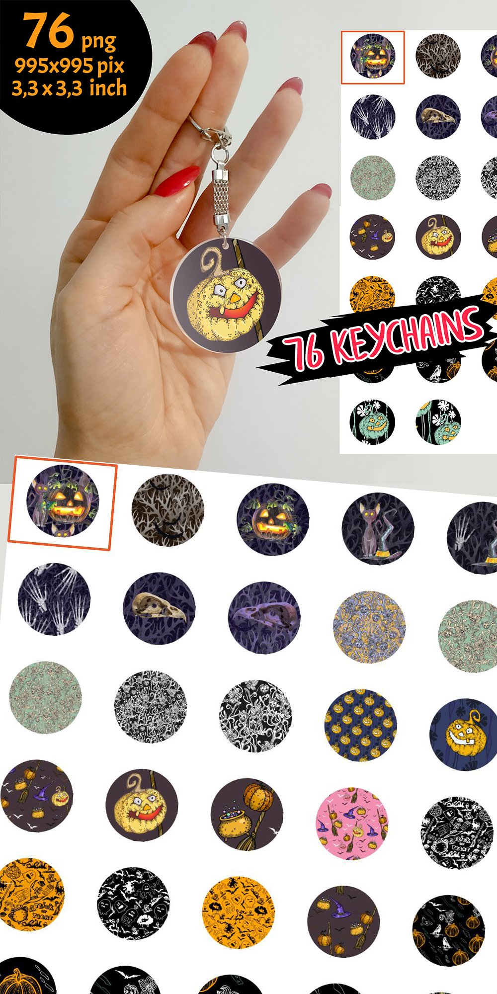 76 cute Keychains with black&white drawing for Halloween.