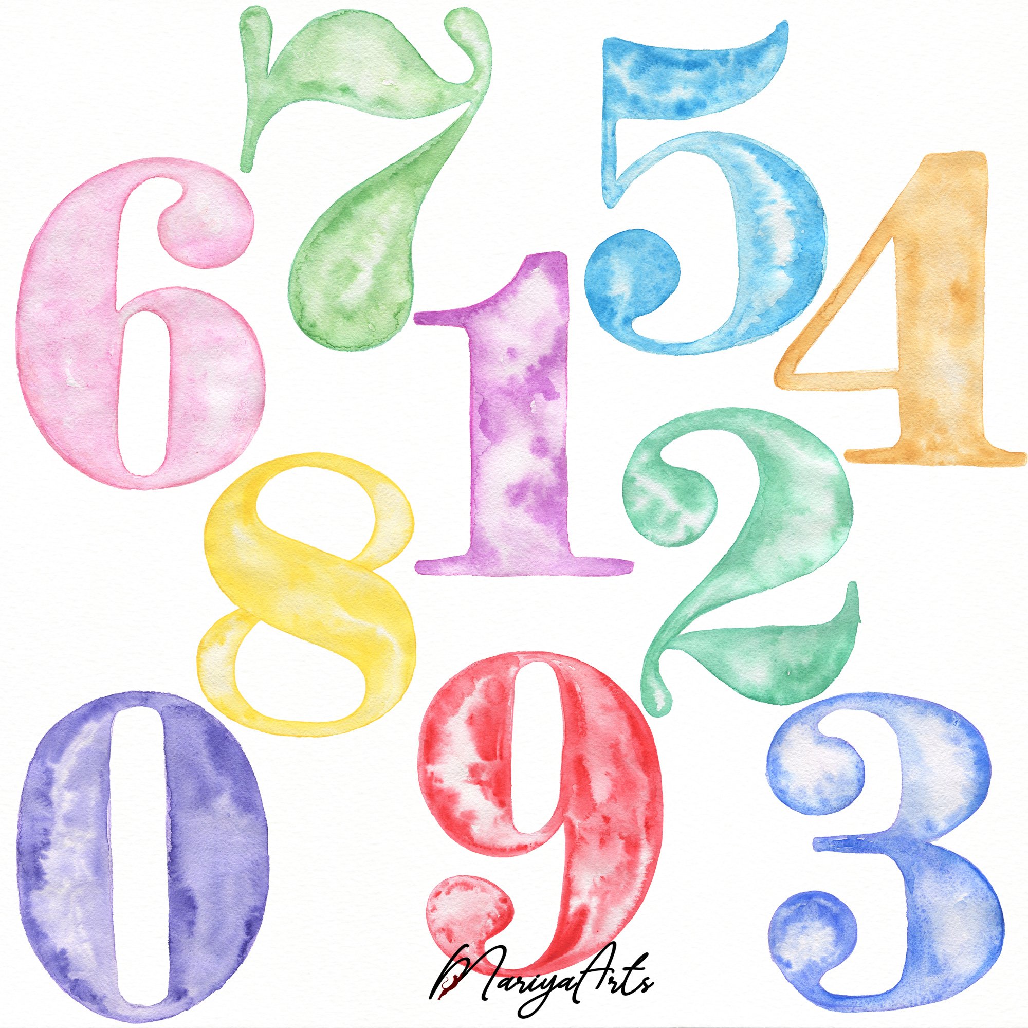 Numbers, Watercolor Clipart, Rainbow Colors, Back to School