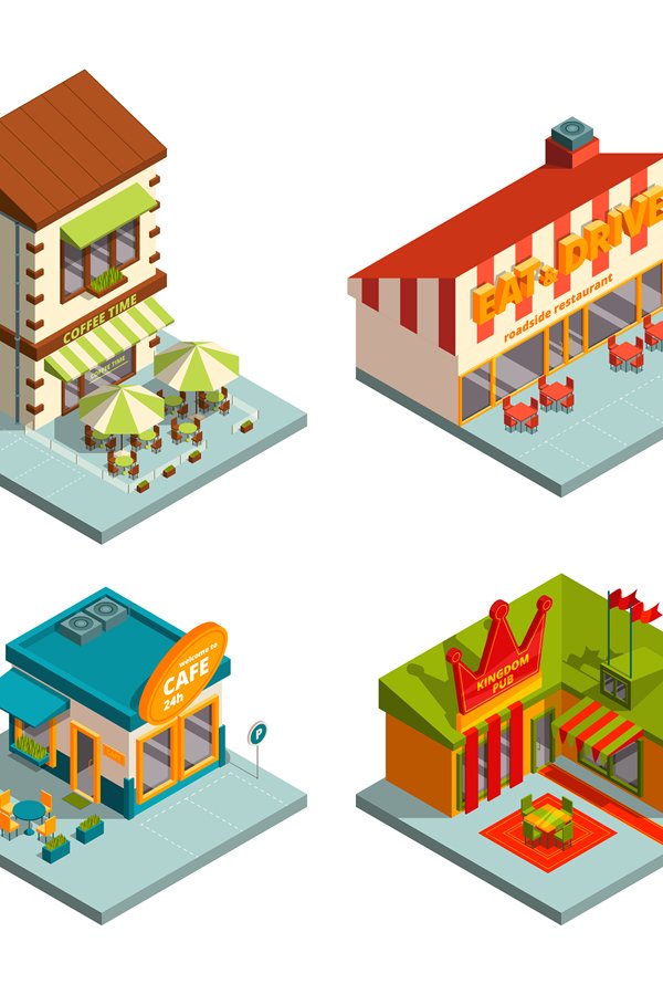 Restaurants and coffee houses. Isometric buildings