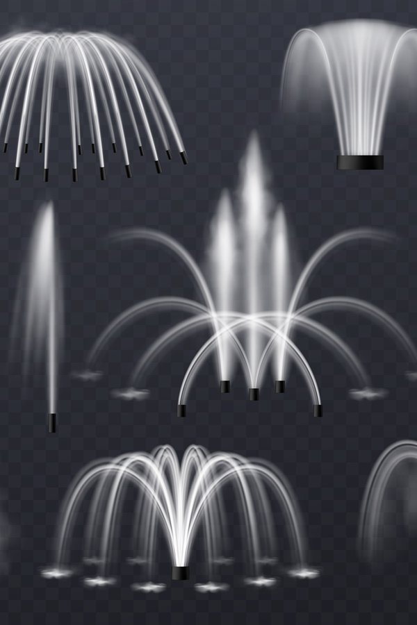 Fountain water. Realistic jets and splashes combination coll
