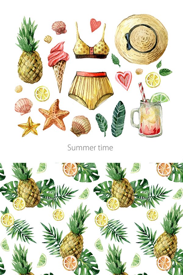Watercolor summer set. Tropical & Beach Cliparts and pattern