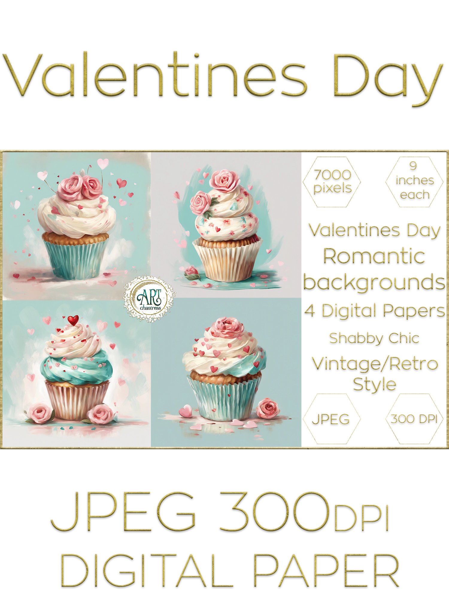 Valentines Day Cupcake Watercolor Digital Papers (3176229)