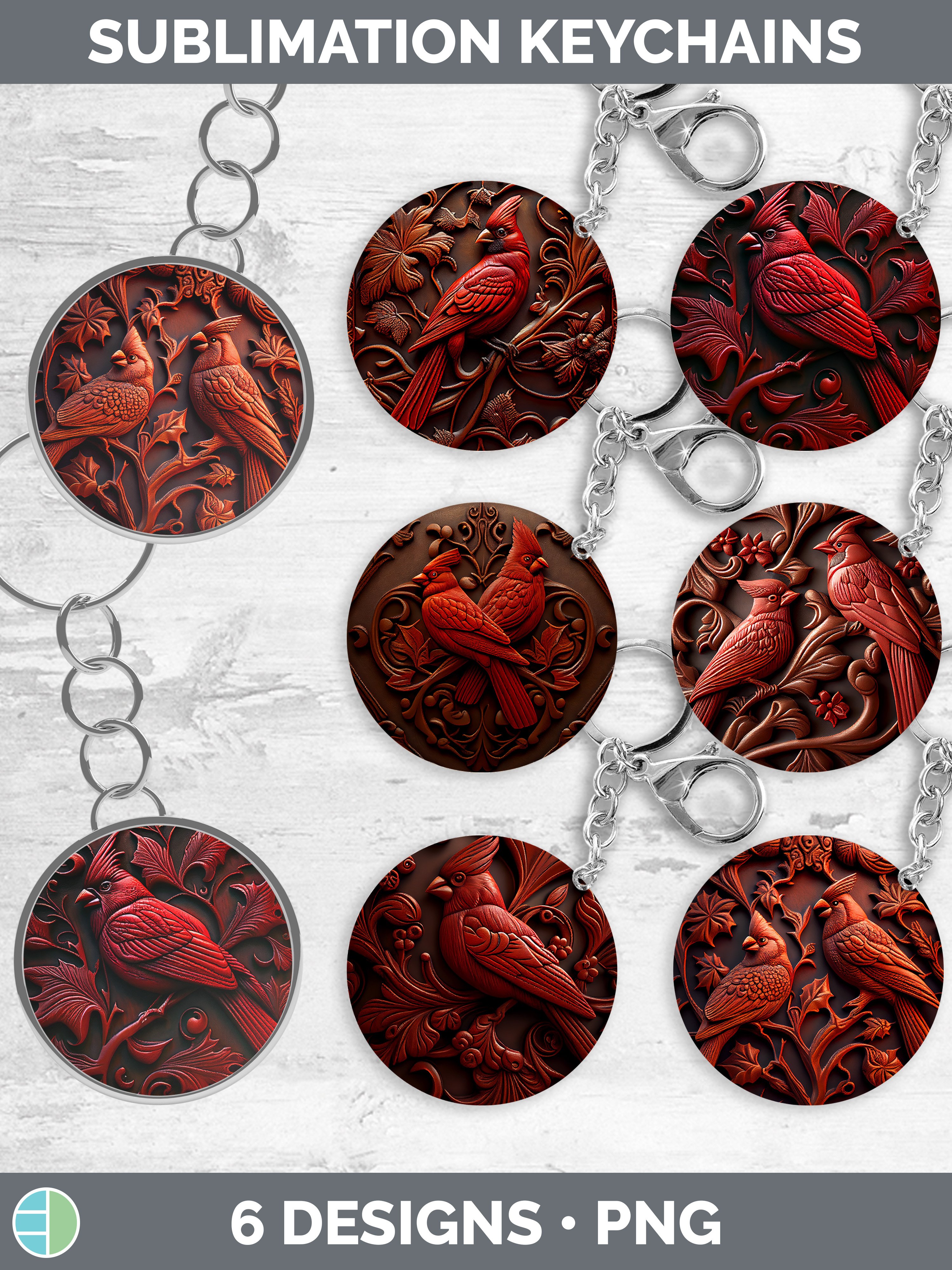Tooled Leather Cardinal Keychain Bundle | Keyring Sublimatio