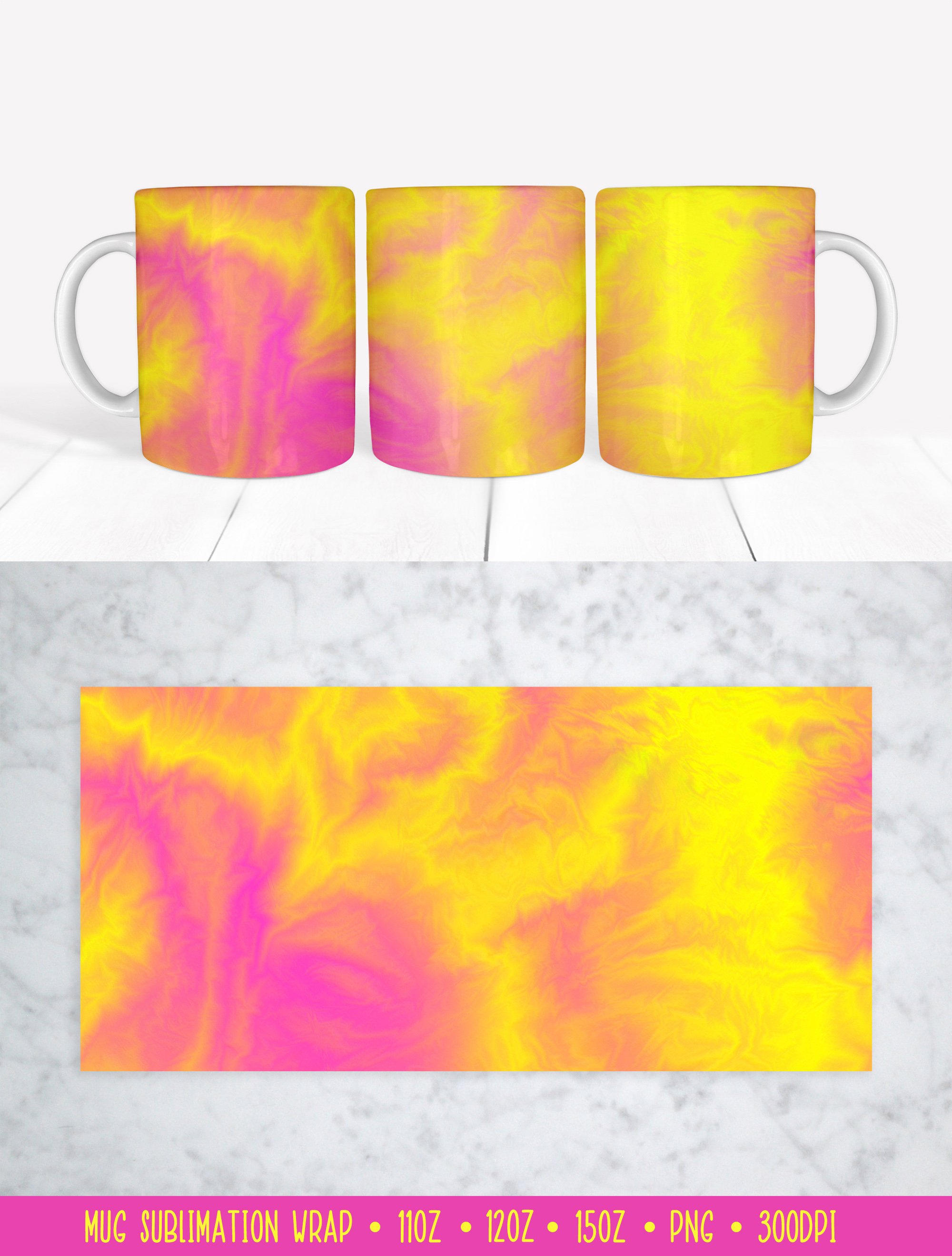 Bright Pink Yellow Mug Sublimation Wrap. Abstract Mug Design