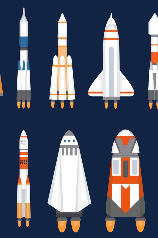 Space rockets. Flat spaceship shuttles launched for cosmic e