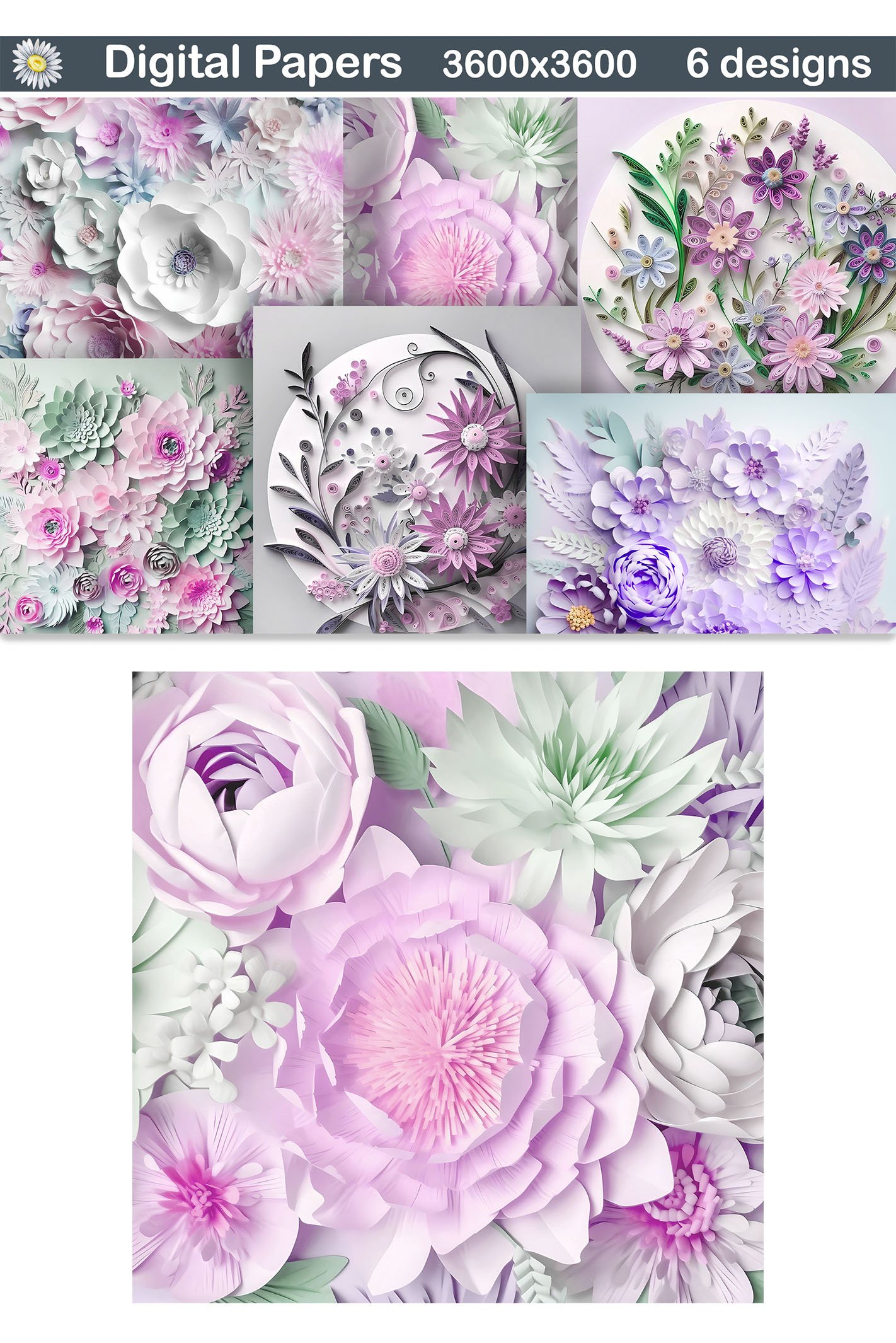 Purple Flowers 3D Background | Pastel Flowers Digital Paper