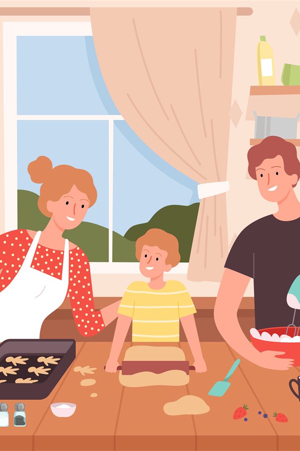 Preparing food on kitchen. Cartoon background with happy fam