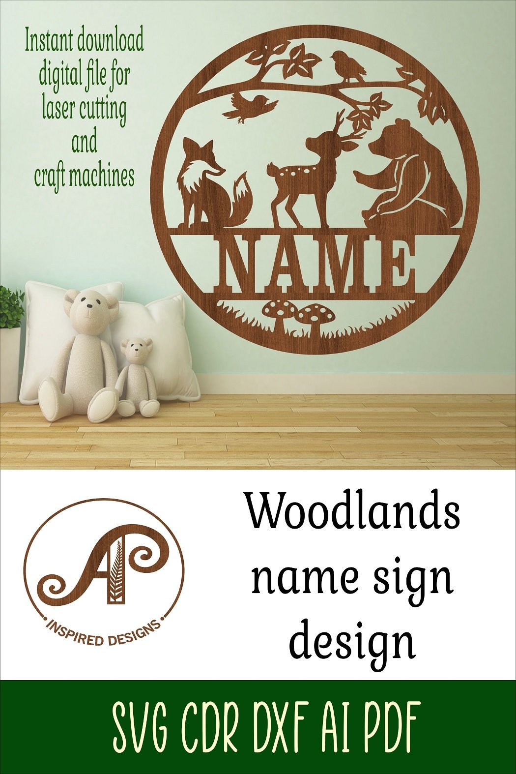 Woodland animal Name sign svg laser cut template, wall art