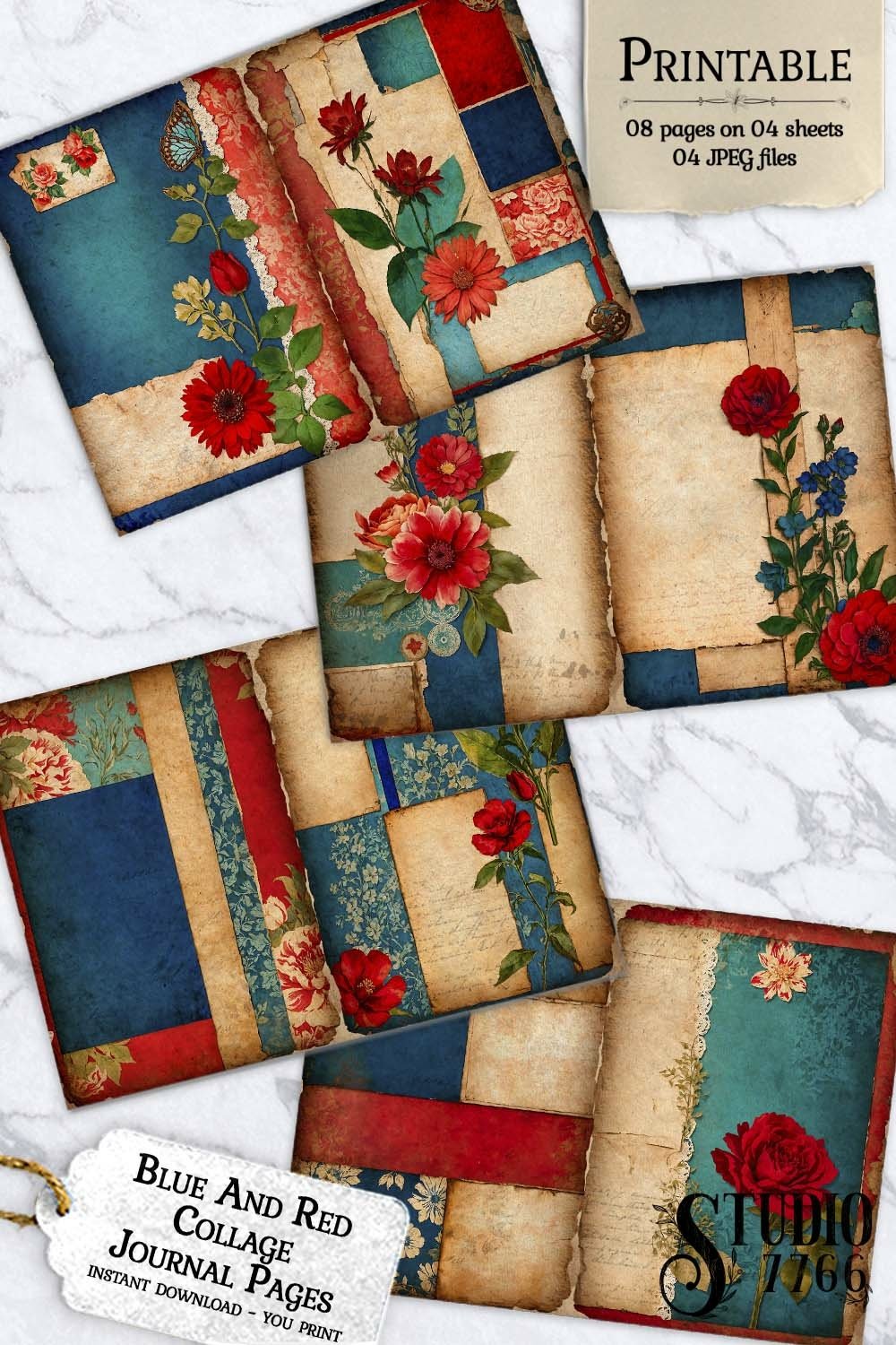 Blue and Red Collage Junk Journal Pages