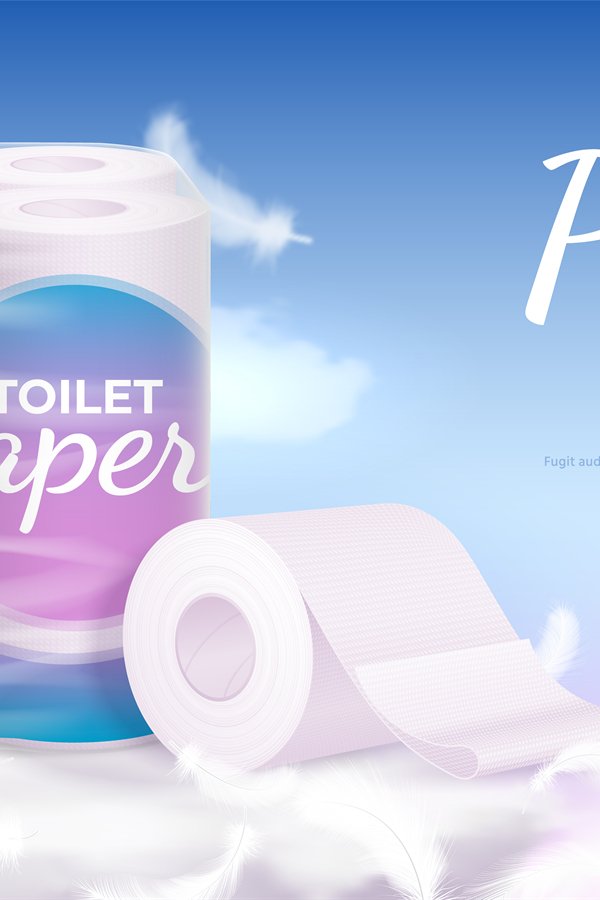 Advertising banner with realistic soft toilet paper, clouds