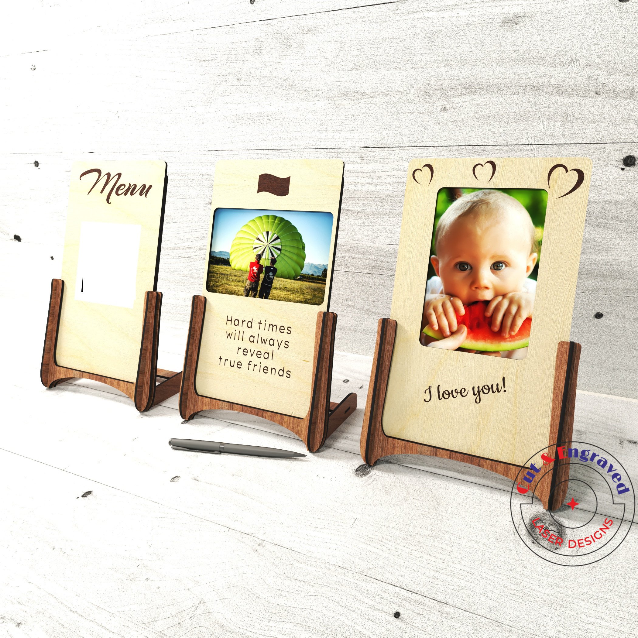 Interchangeable frame holder, 3 styles. Glowforge ready.