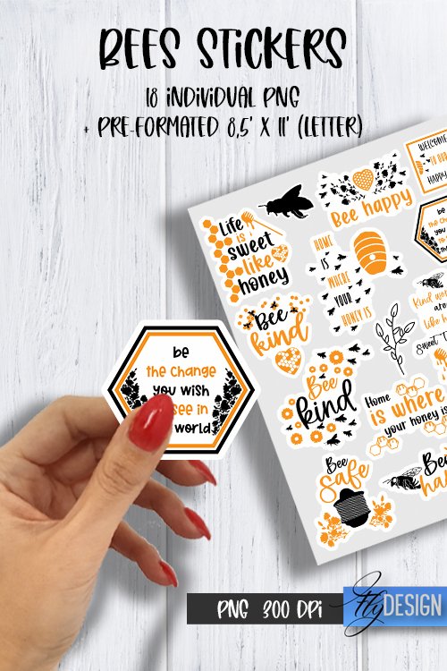 Bees Stickers Bundle. Printable Sticker Sheet PNG. (1573651)