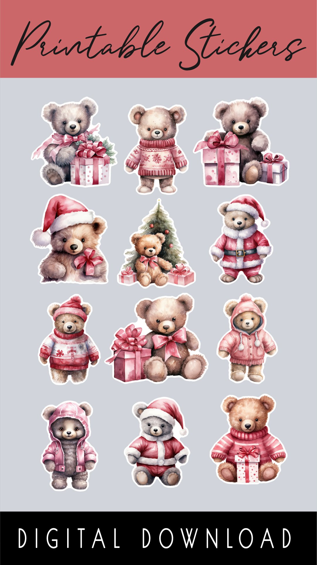 Christmas Teddy Bear Stickers - Holiday Sticker Pack