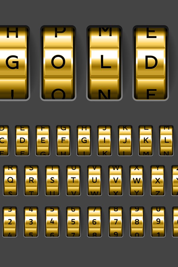 Gold locks combination. Realistic rotating secret unlock cod