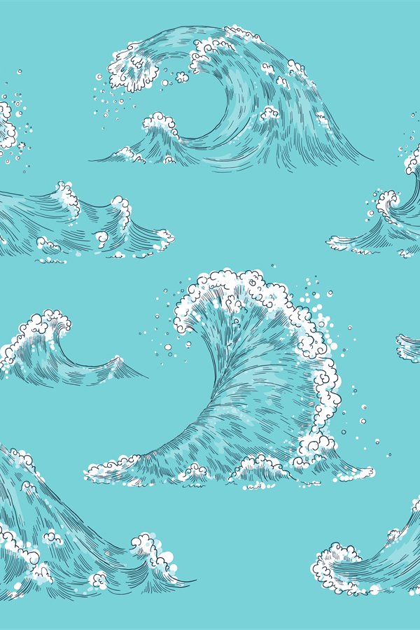Hand drawn ocean wave. Vintage cartoon storm waves, tide wat