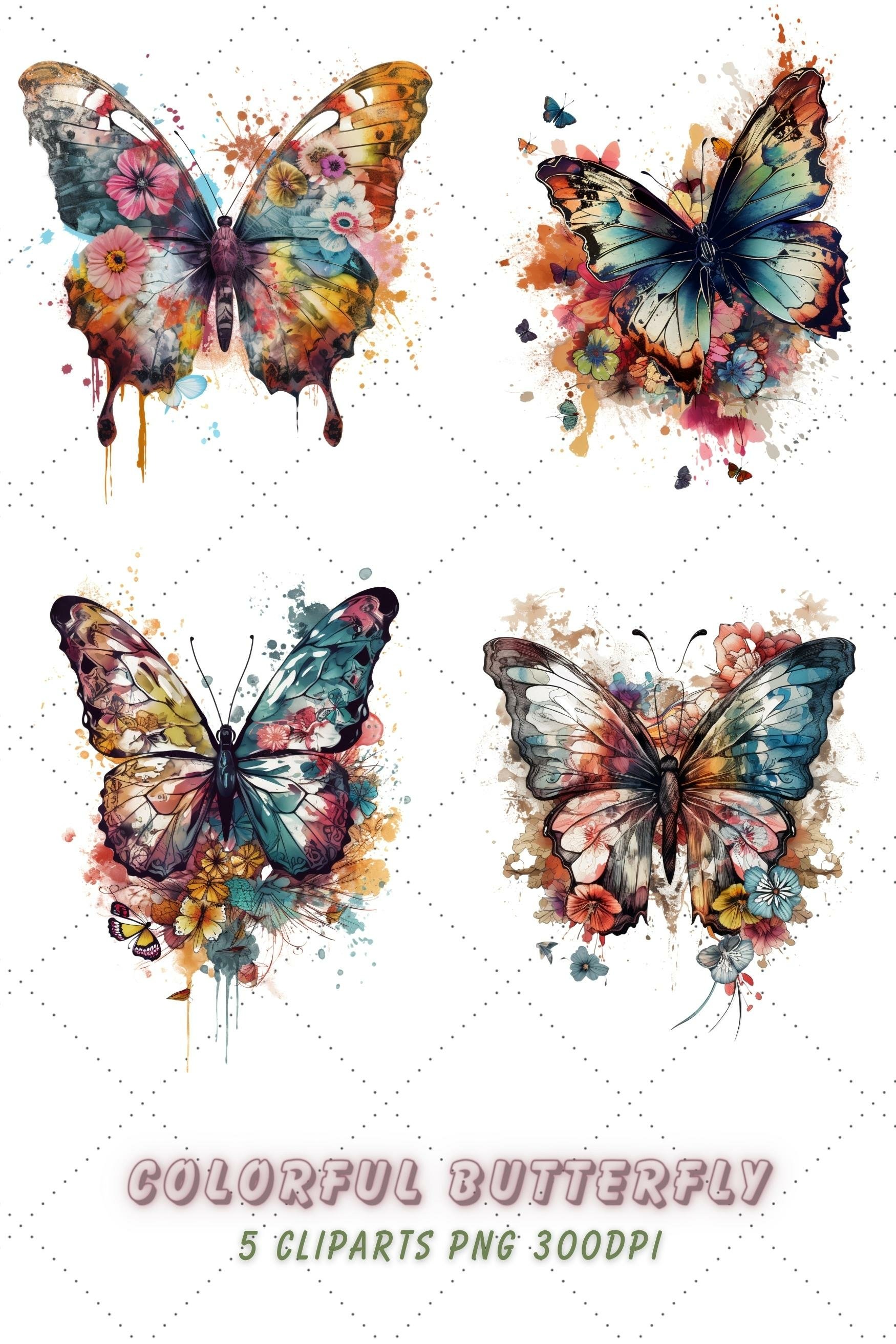Colorful Butterfly floral Sublimation Clipart Bundle