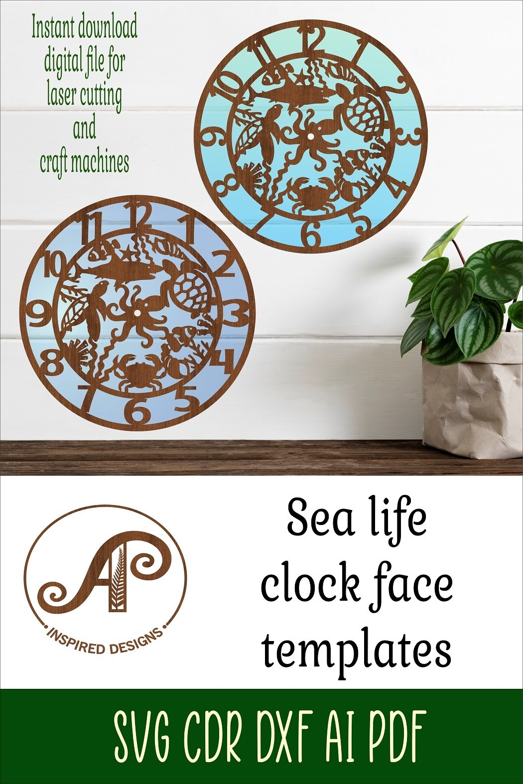 Sea life animal wall clock laser cut files, SVG file. vector