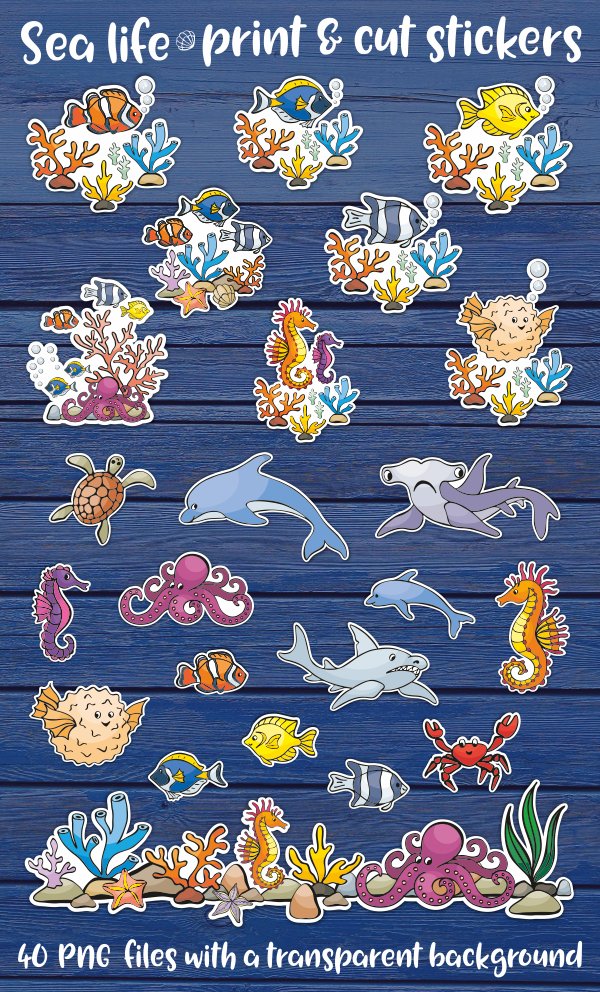 Sea life printable stickers bundle PNG