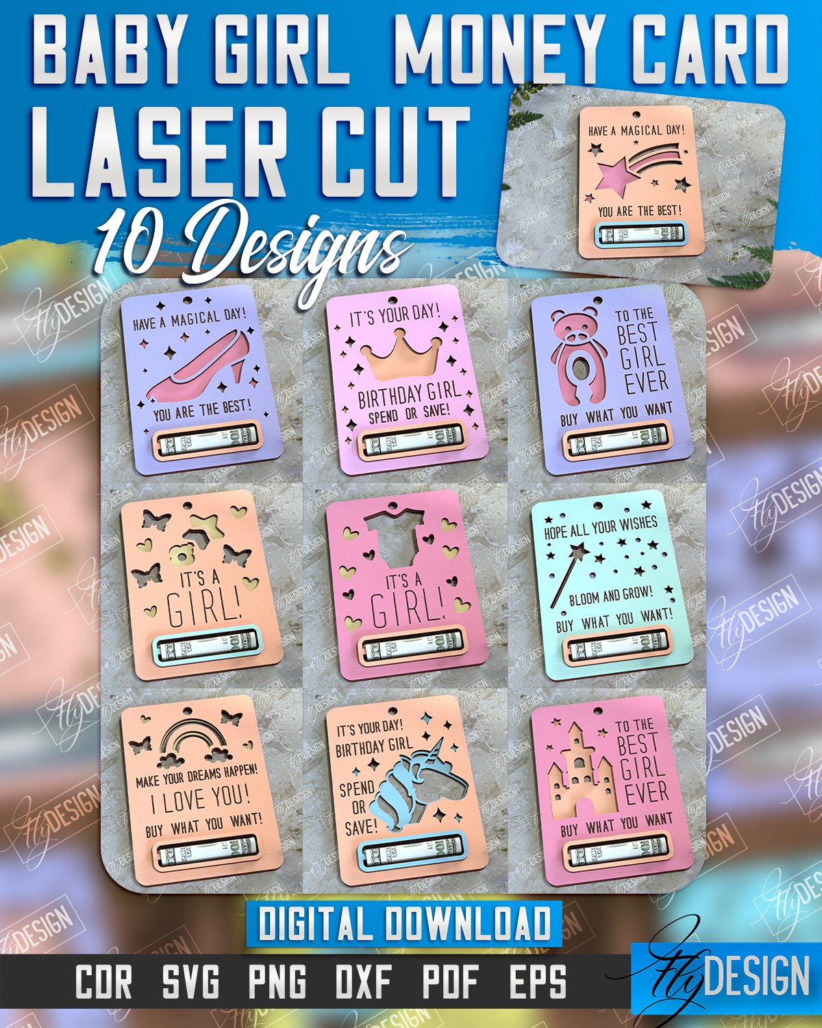 Baby Girl Money Card Laser Cut Bundle|Girl Money Holder SVG