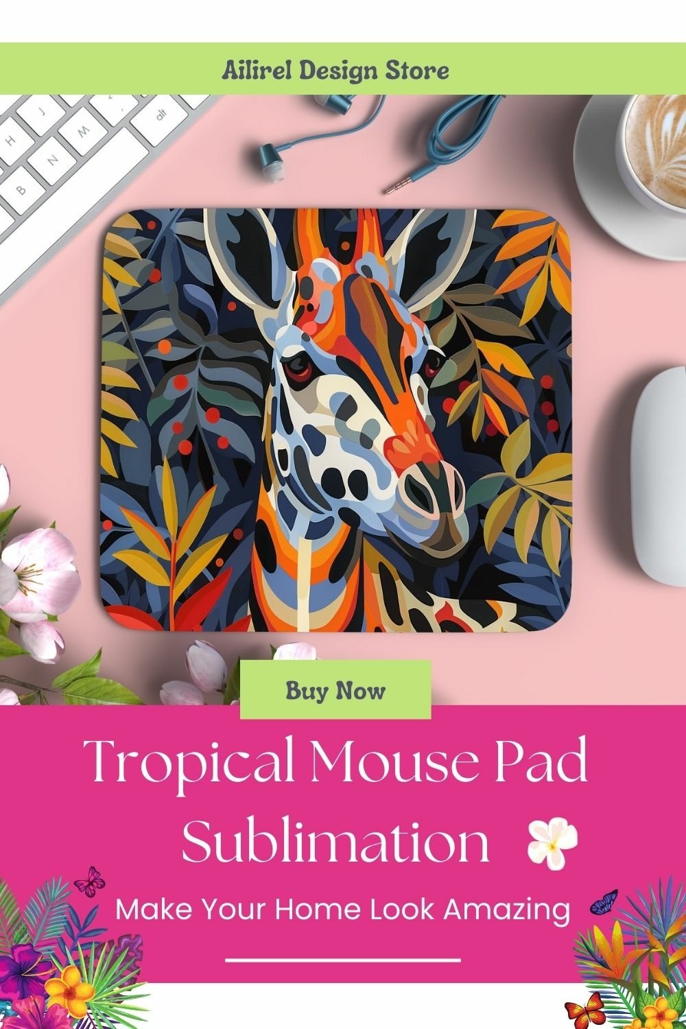 Cute Giraffe Mouse Pad Wrap, Tropical Leaves Mousepad PNG