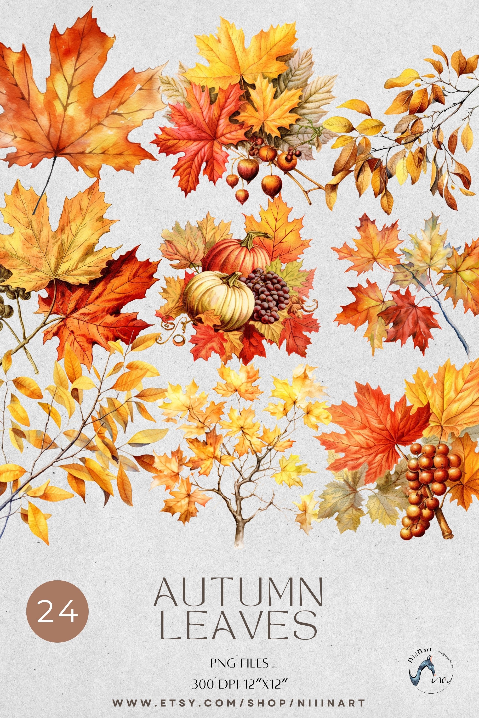 Autumn Leaves Clipart, Autumn Watercolor Leaves Digital PNG