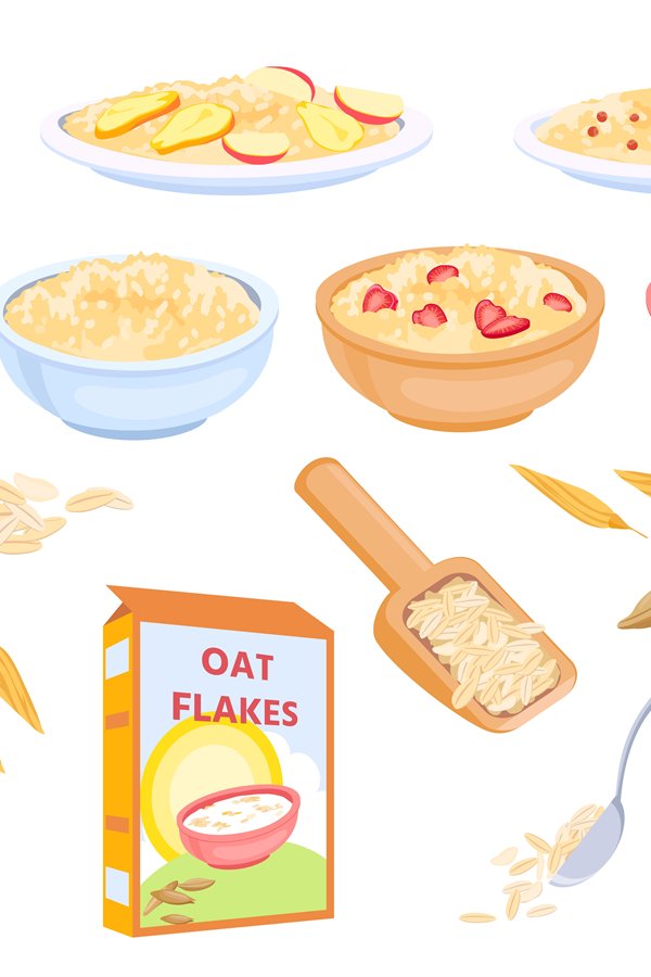 Cartoon oatmeal breakfast cereals, sweet flakes and grains.