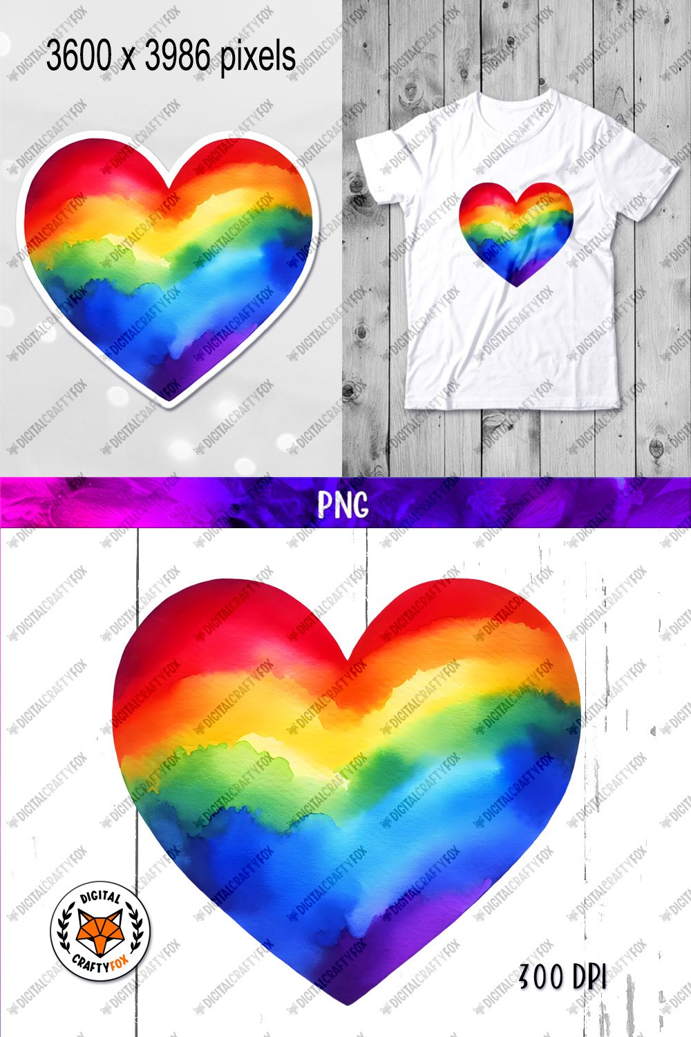 Rainbow Heart Sticker PNG, Watercolor Heart Sublimation