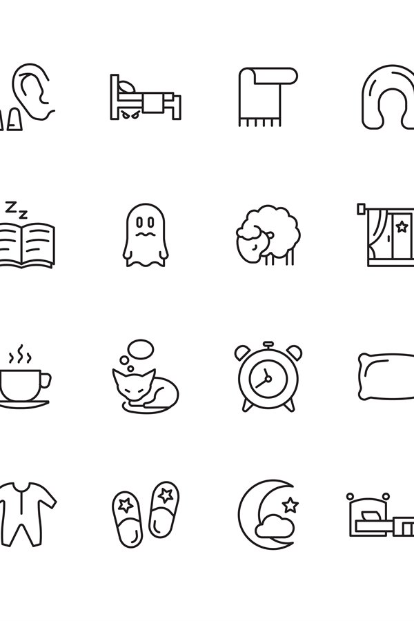 Sleeping symbols. Relax rest simple icons bed pillow clock t