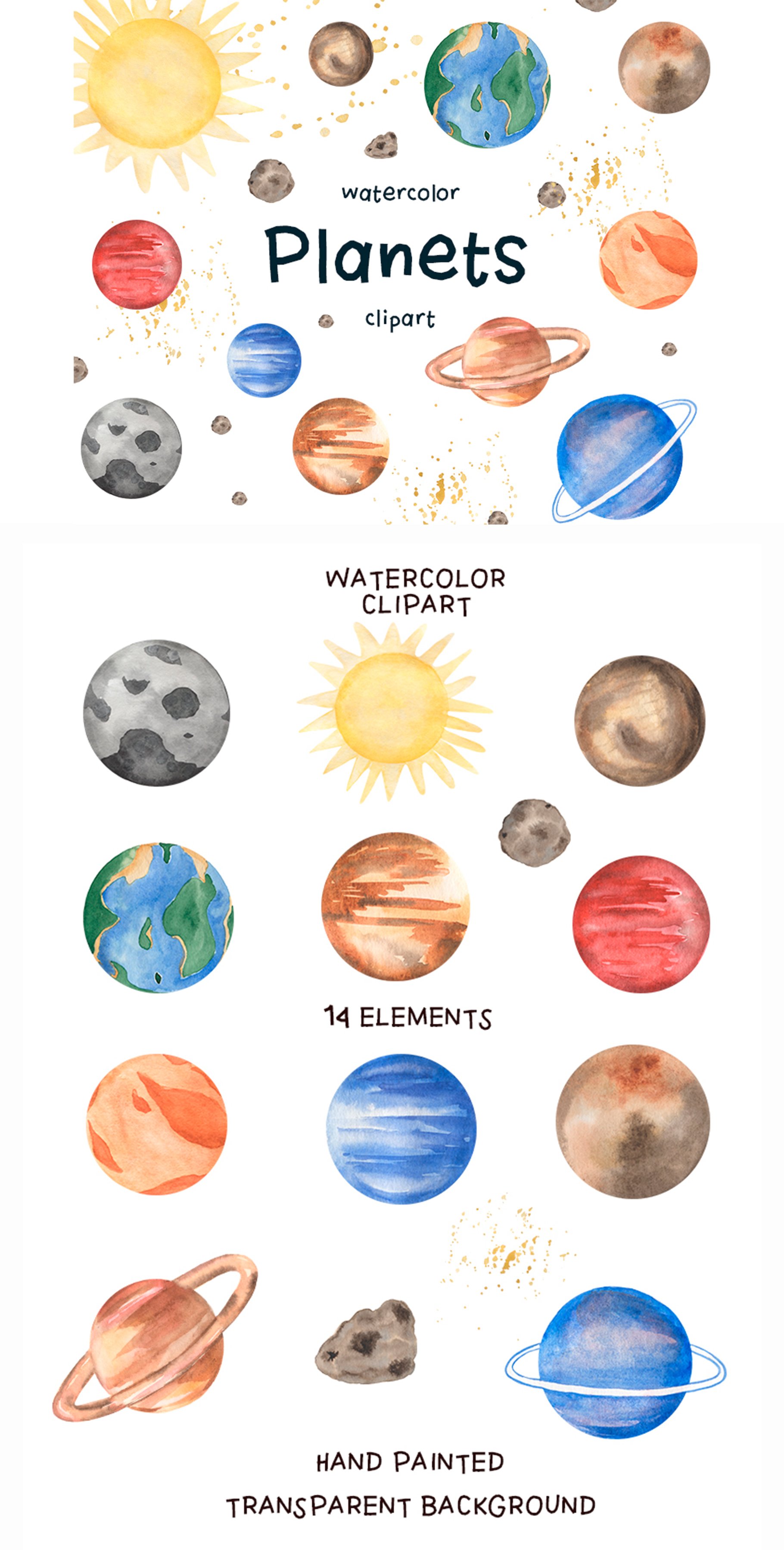Watercolor Planets clipart set