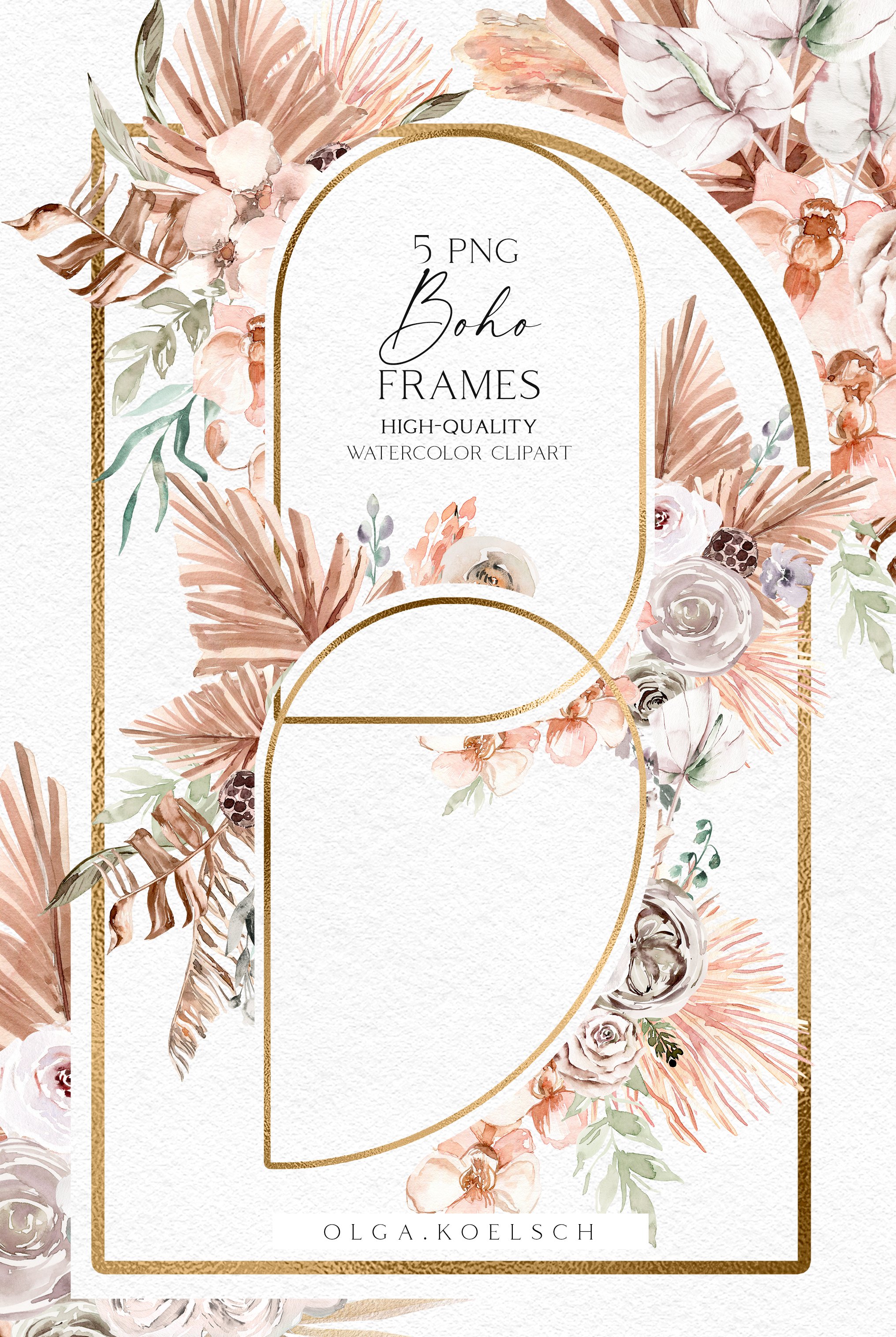 Watercolor boho frame clipart, Palm boho floral borderds 100