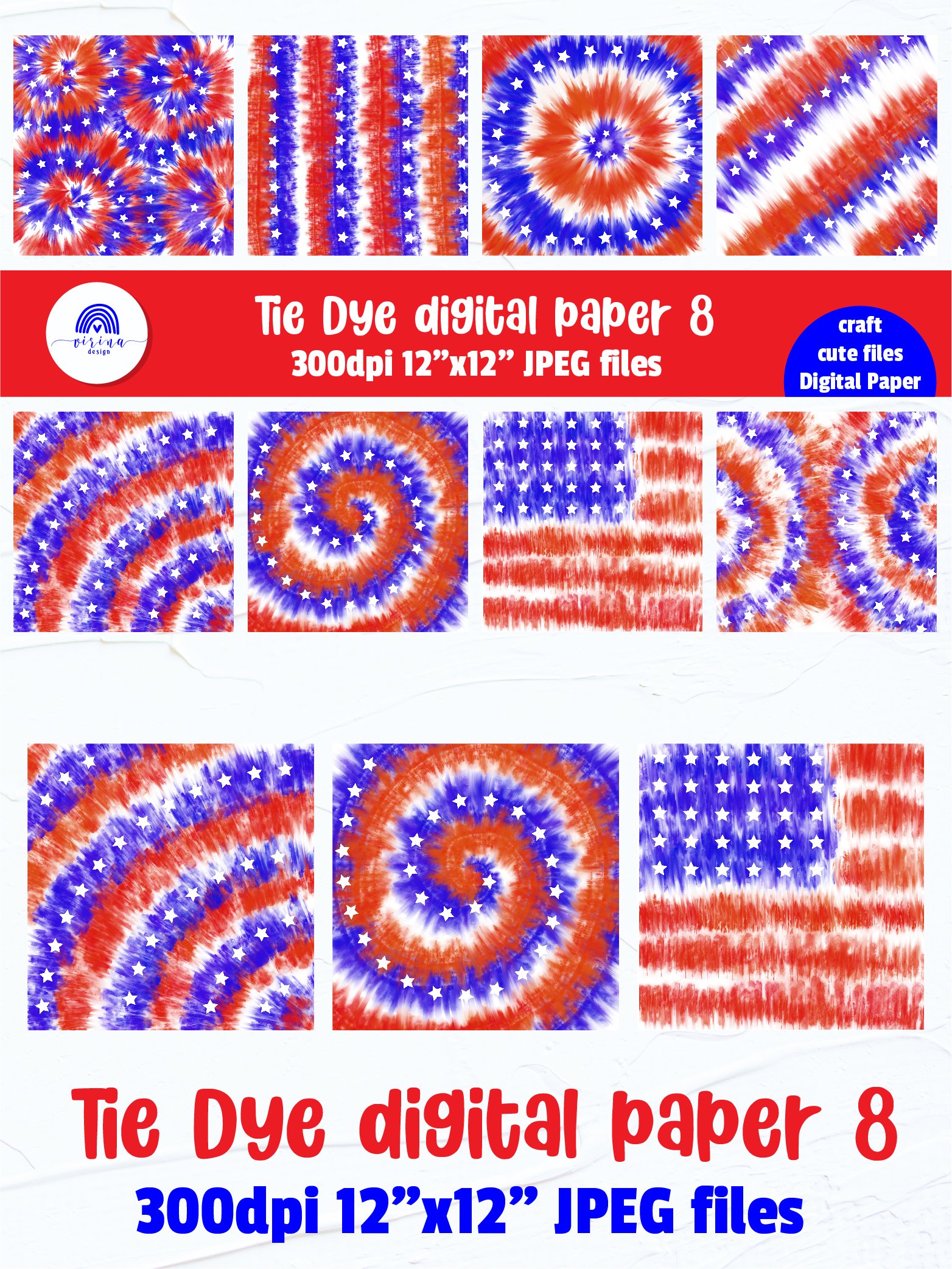 Tie Dye Digital Papers, American patriotic Tie Dye
