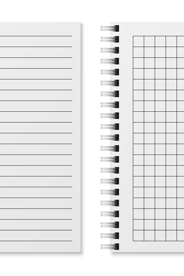 Realistic empty diary. Notebook sheets in lines and in cage,